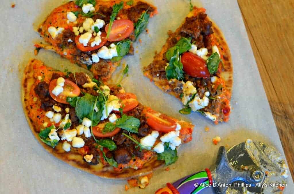 Buffalo Chorizo Flatbread Pizza with Charred Red Bells and Scallion Sauce