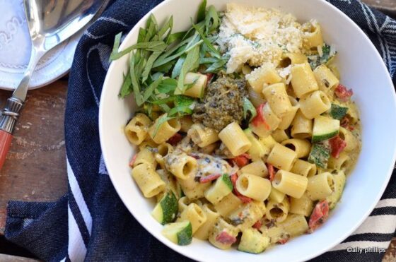 Mezze Rigatoni Basil Pesto & Peppers | Pasta Recipes | Ally's Kitchen